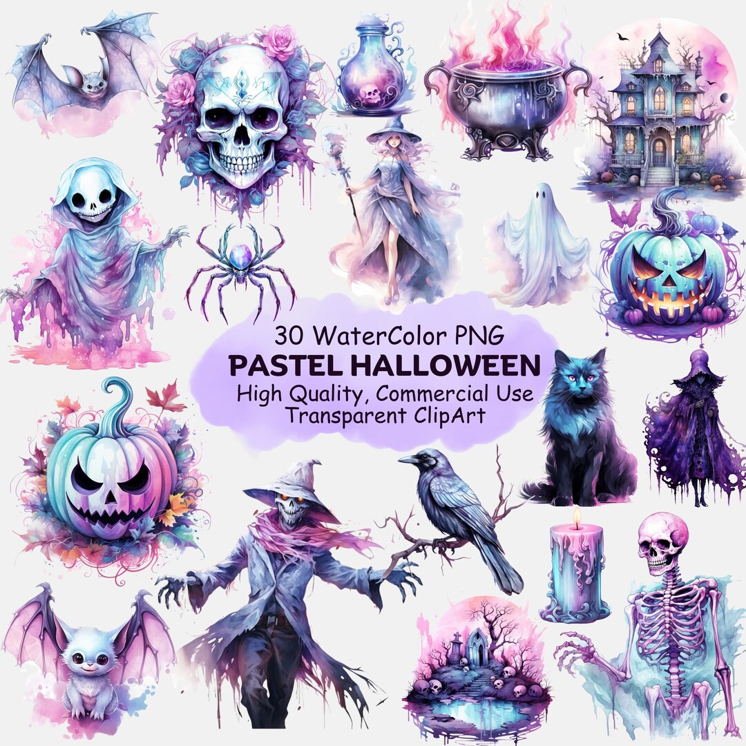 Pastel Halloween Clipart Spooky Halloween Graphics, Pink and Purple ...