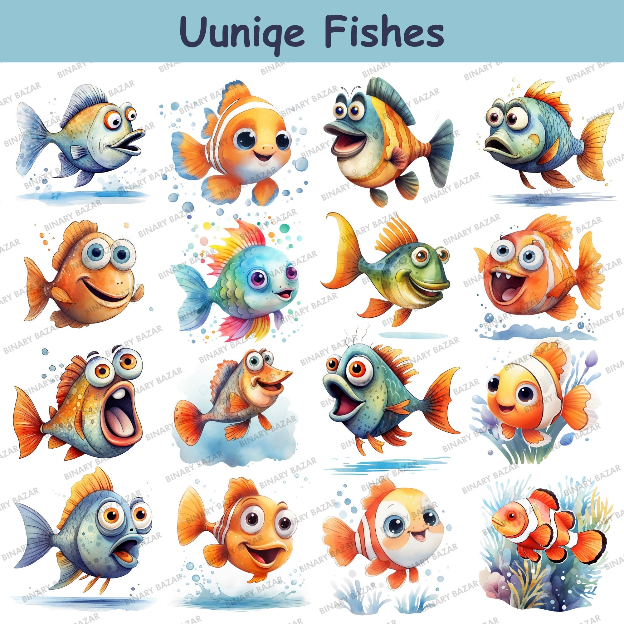 200 Cute & Funny Sea Life World and Ocean Animals Clipart PNG Bundle ...