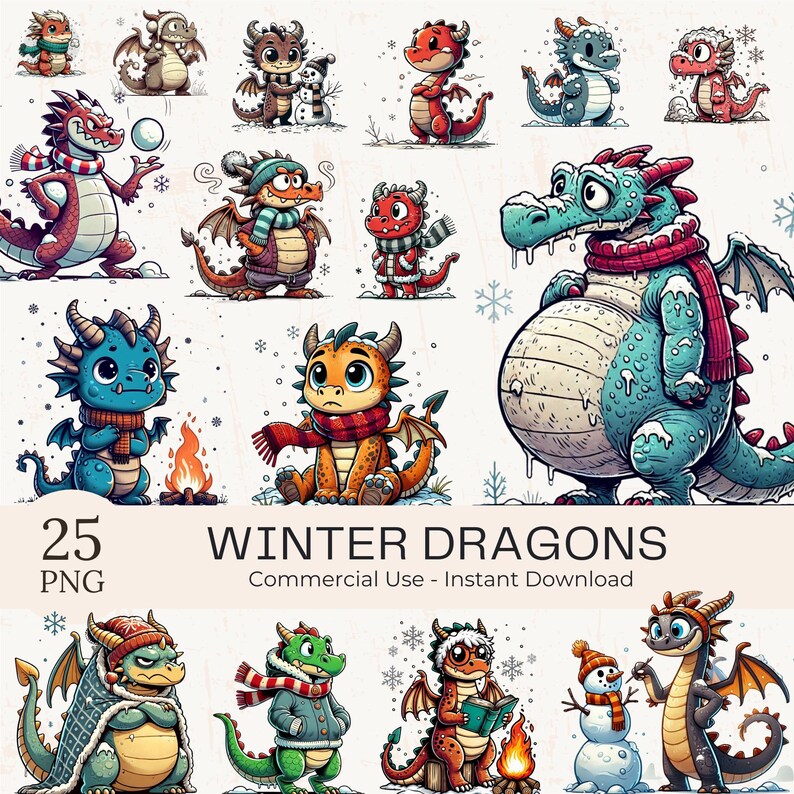 Cartoon Winter Dragons Clipart PNG Bundle - Watercolor Quirky Funny ...