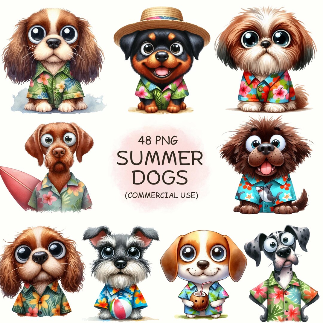 Cute Summer Dogs Clipart PNG Bundle - 48 Funny Watercolor Holiday Beach ...