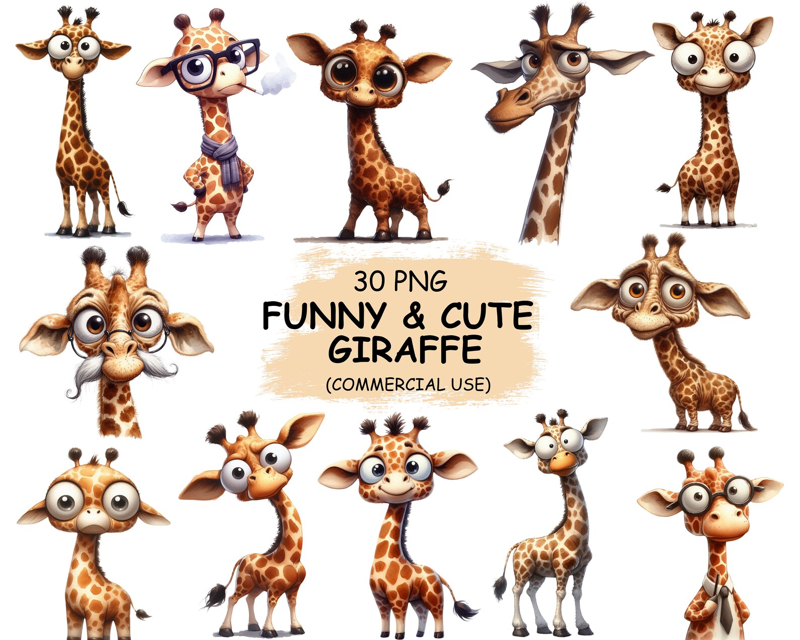 Cute & Funny Giraffe Clipart PNG Bundle 30 Watercolor Safari Animals ...