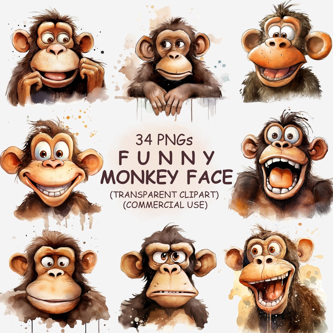Funny Monkey Faces Clipart: 34 Watercolor PNG Bundle (commercial Use ...