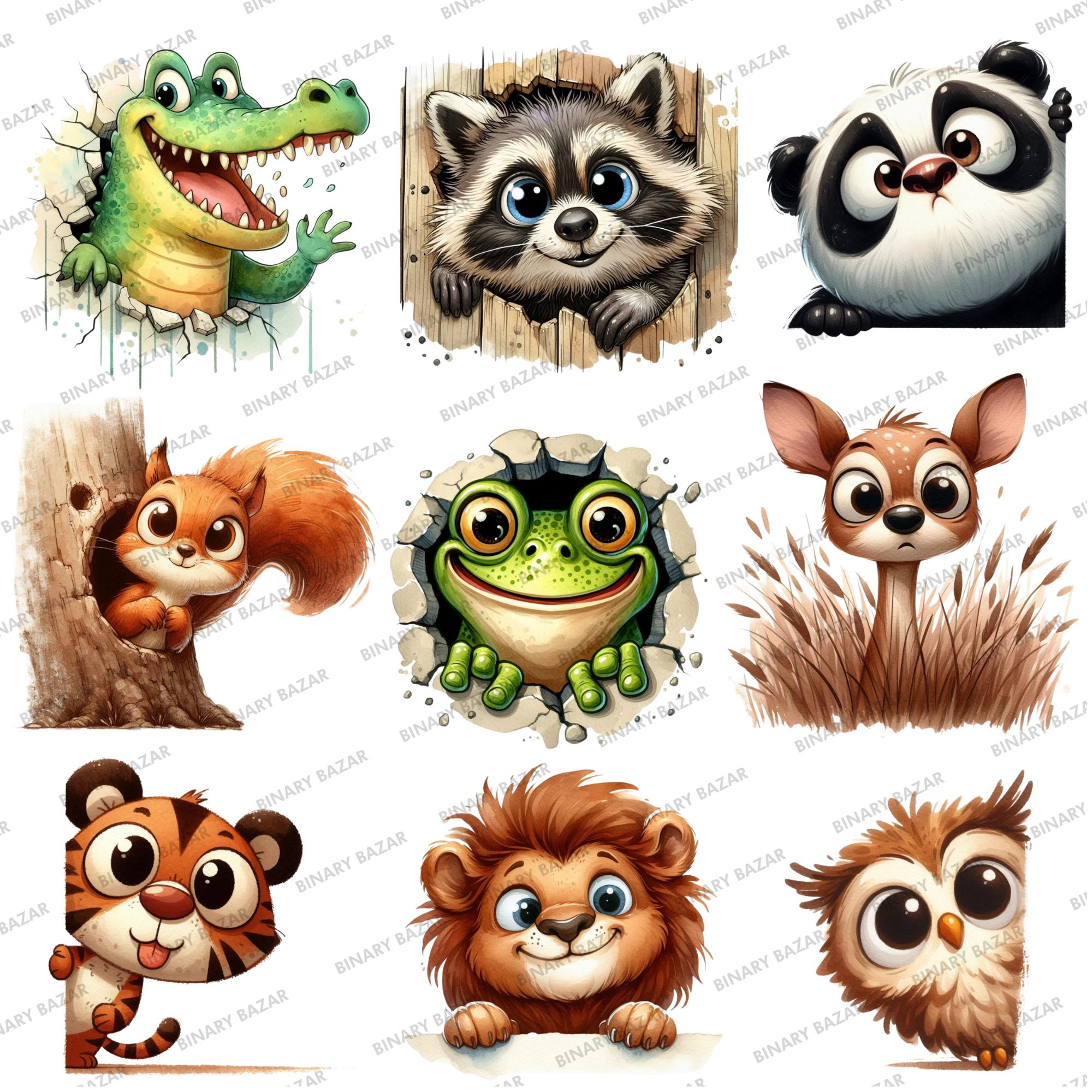 Funny Peeking Animals Clipart: Watercolor Quirky Cartoon PNG Bundle ...