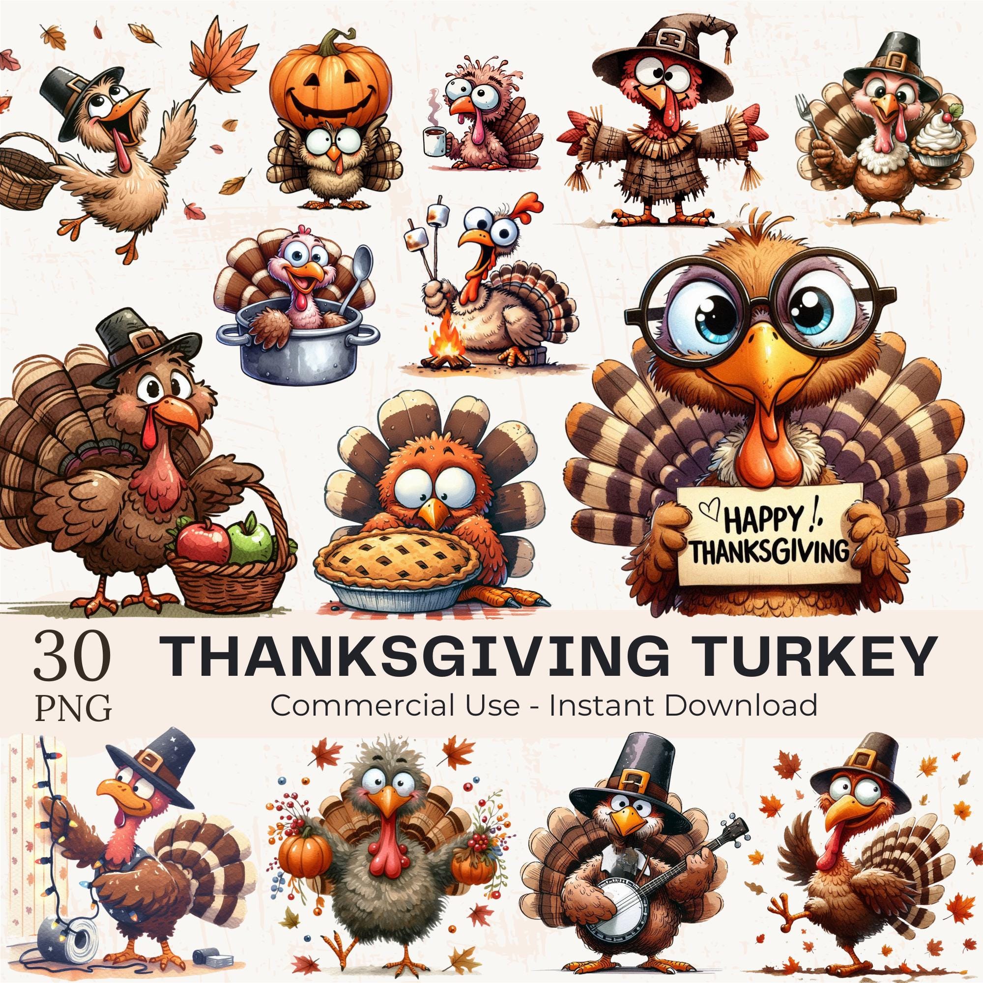 Funny Thanksgiving Turkey Clipart PNG Bundle: Fall Harvest Graphics ...
