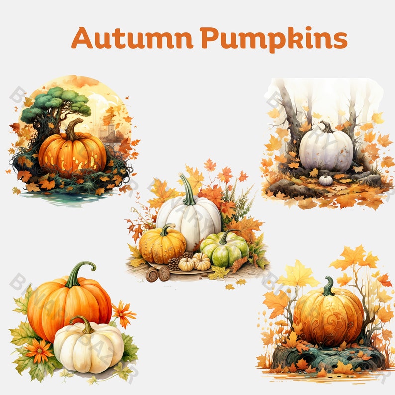 80 Fall Thanksgiving Clipart PNG Bundle Watercolor Cozy Autumn Pumpkin ...