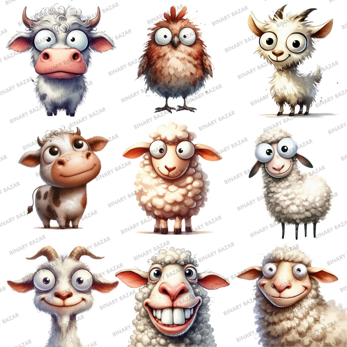 Cute and Funny Farm Animals Clipart PNG Bundle 58 Watercolor Cow, Goat ...