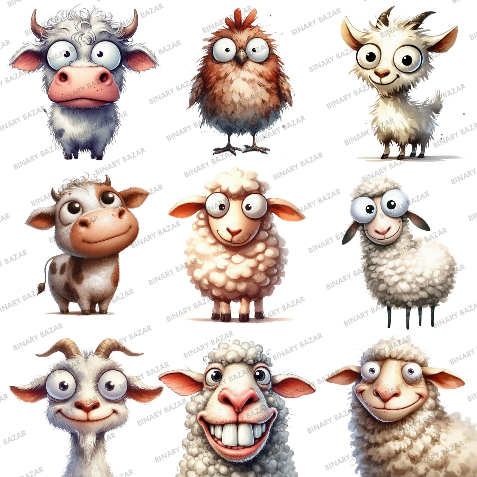 Cute and Funny Farm Animals Clipart PNG Bundle 58 Watercolor Cow, Goat ...