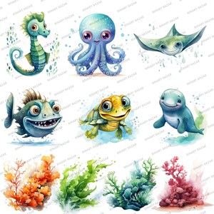 Cute Sea Life World & Ocean Animals and Fish Clipart PNG Bundle - 30 ...