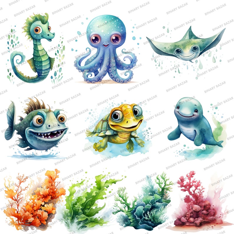 Cute Sea Life World & Ocean Animals and Fish Clipart PNG Bundle 30 ...