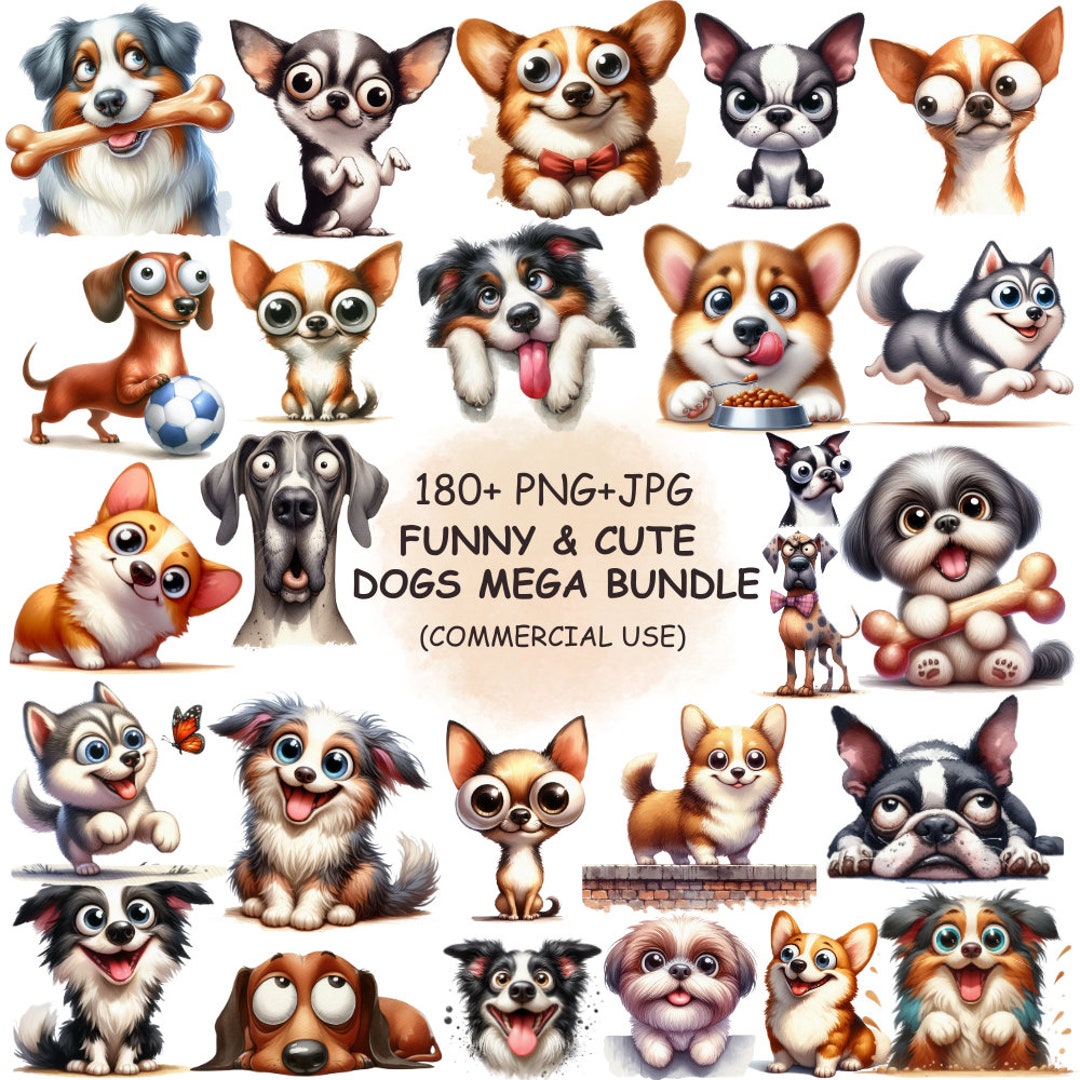 Funny and Cute Dog Clipart PNG Mega Bundle 180 Watercolor Dog Clip Art ...