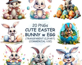 Cute & Funny Easter Bunny With Egg Clipart PNG Bundle 45 Watercolor ...