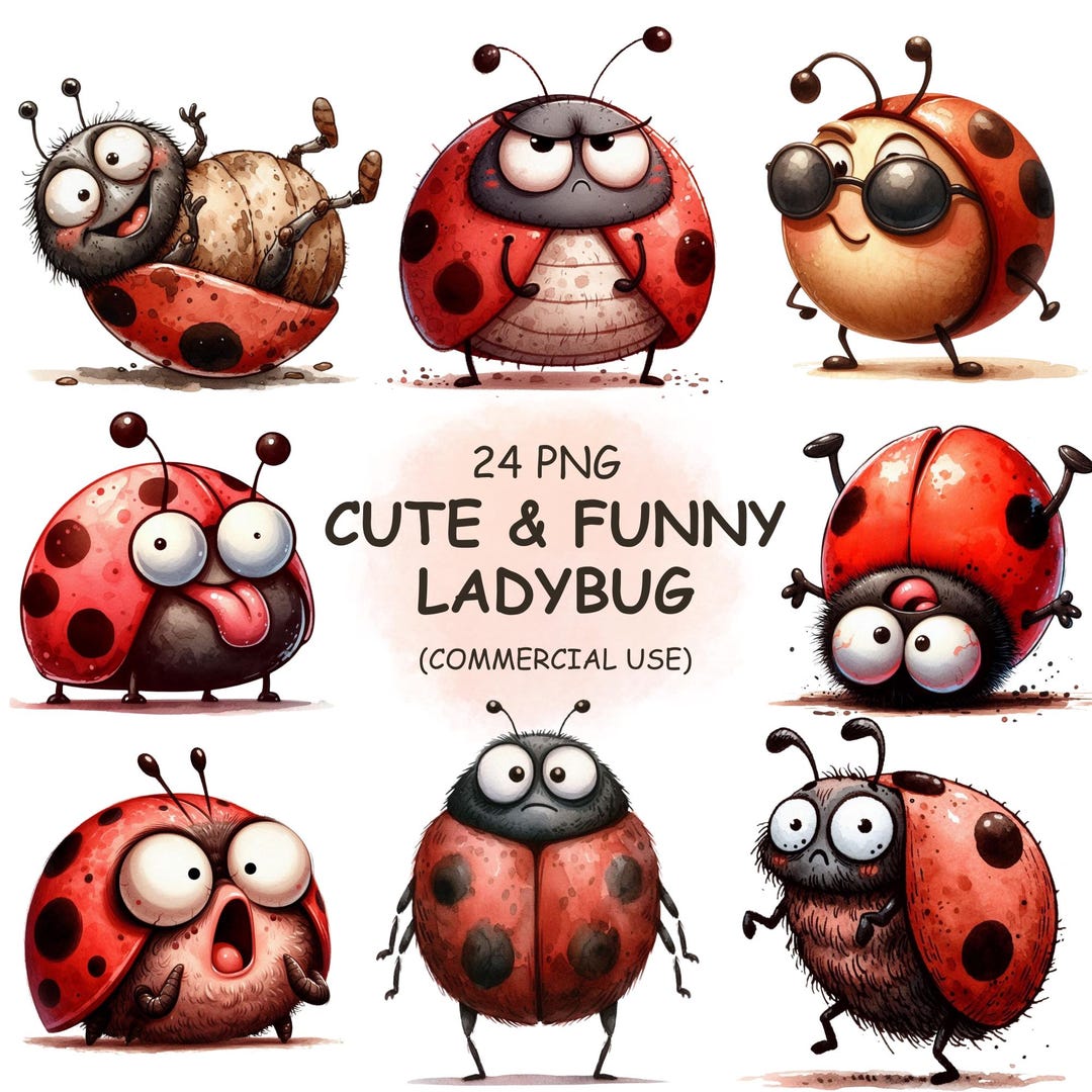 Funny & Cute Ladybug Insect Clipart PNG Bundle - 24 Watercolor Quirky ...