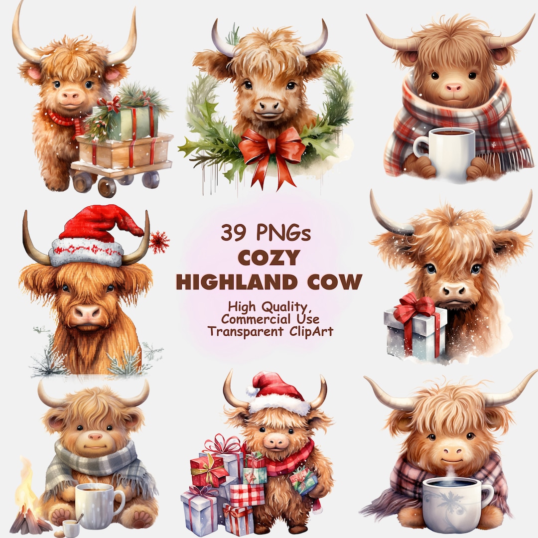 Cozy Cute Christmas Highland Cow Clipart PNG Bundle - Watercolor ...