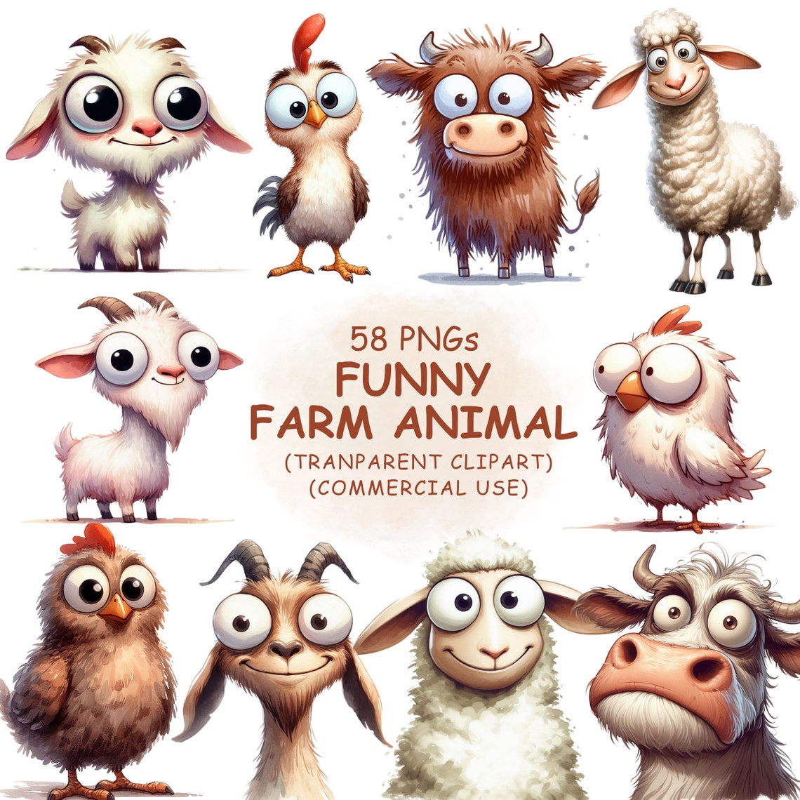 Cute and Funny Farm Animals Clipart PNG Bundle 58 Watercolor Cow, Goat ...