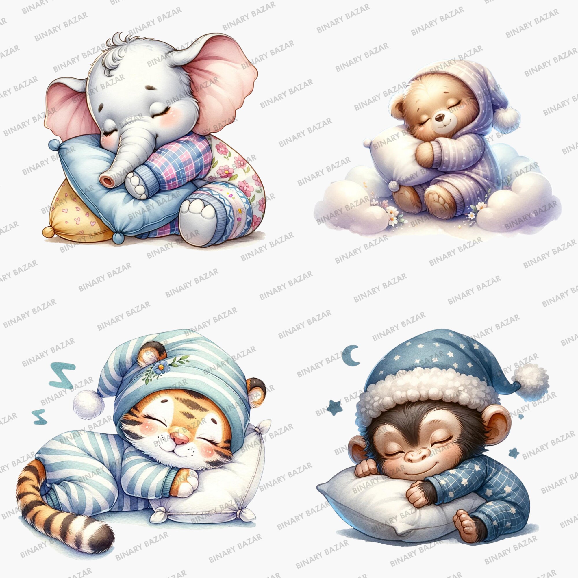 Cute Sleeping Animals Clipart PNG Bundle 28 Watercolor Sleepy Baby ...
