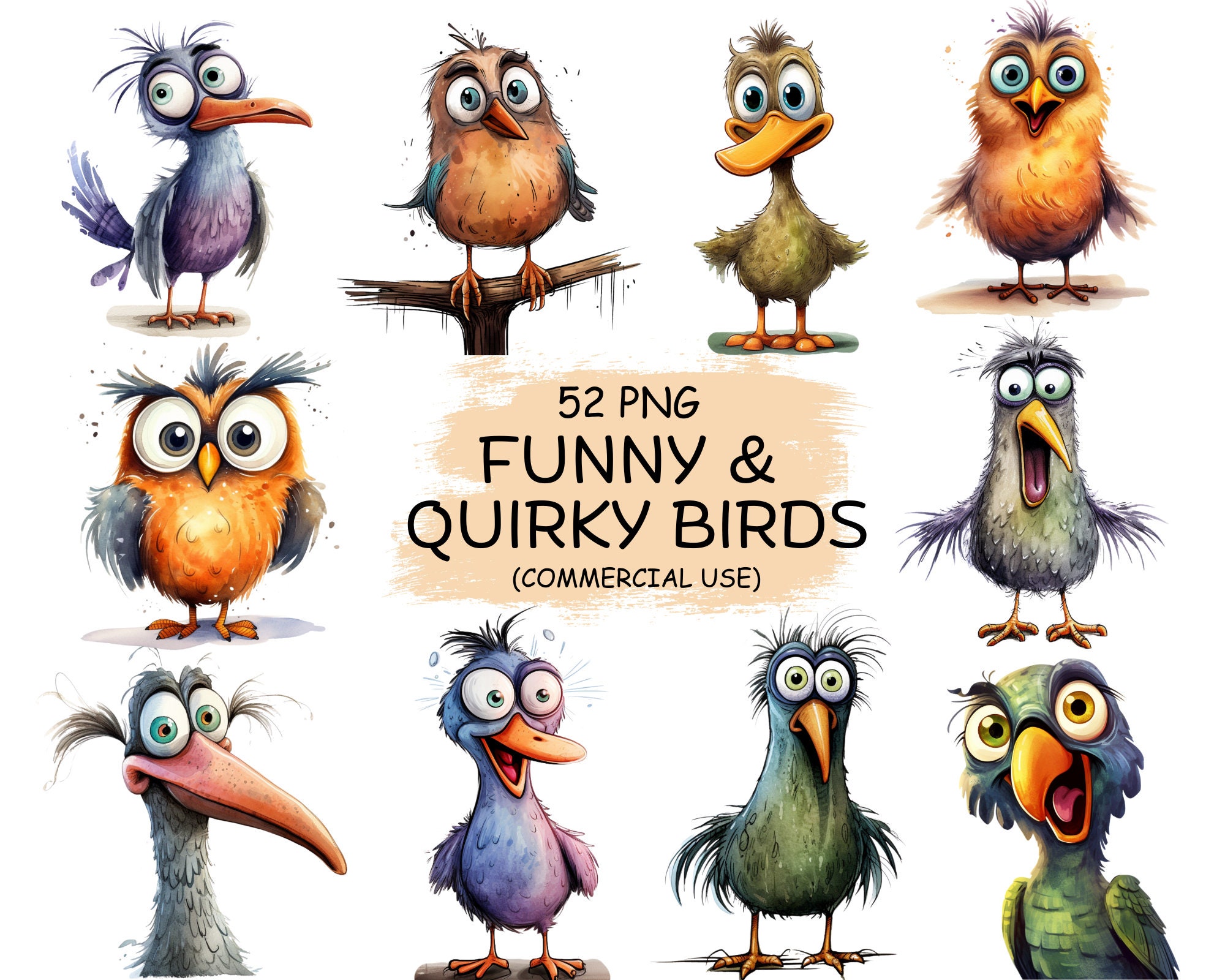 52 Funny and Quirky Birds Clipart PNG Bundle Watercolor Cute Bird Clip ...