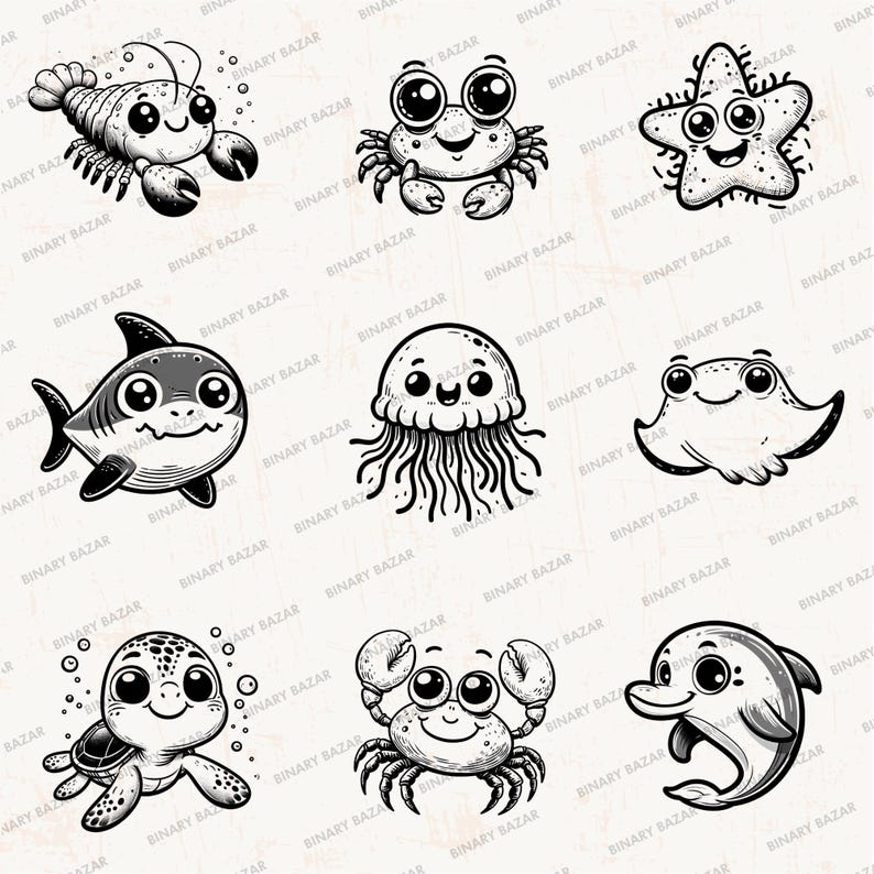 Line Art Sea Animals Clipart Bundle: Black & White Cartoon Ocean Life ...