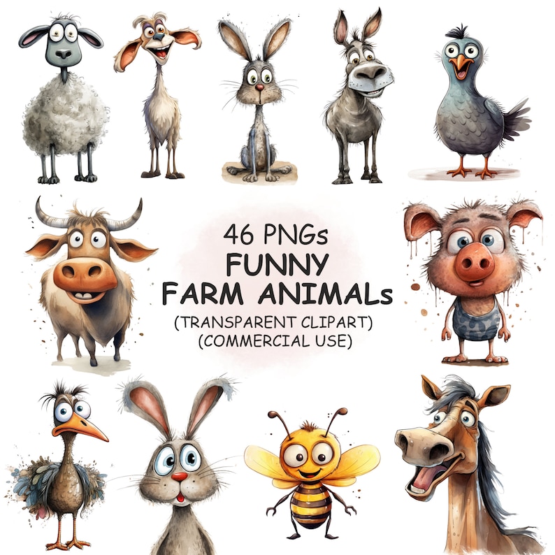 Buy Cute and Funny Farm Animals Clipart PNG Bundle 46 Watercolor Cow ...