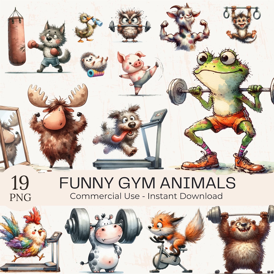 Funny Gym Animals Clipart PNG Bundle: 19 Watercolor Quirky Cartoon ...