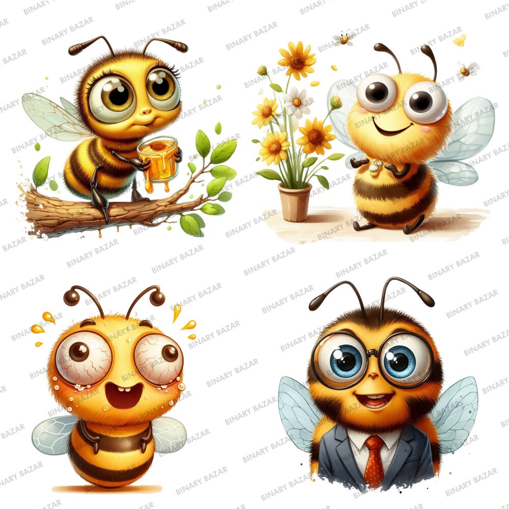 Funny and Cute Honey Bee Clipart JPGPNG Bundle 20 Watercolor Quirky Bee ...
