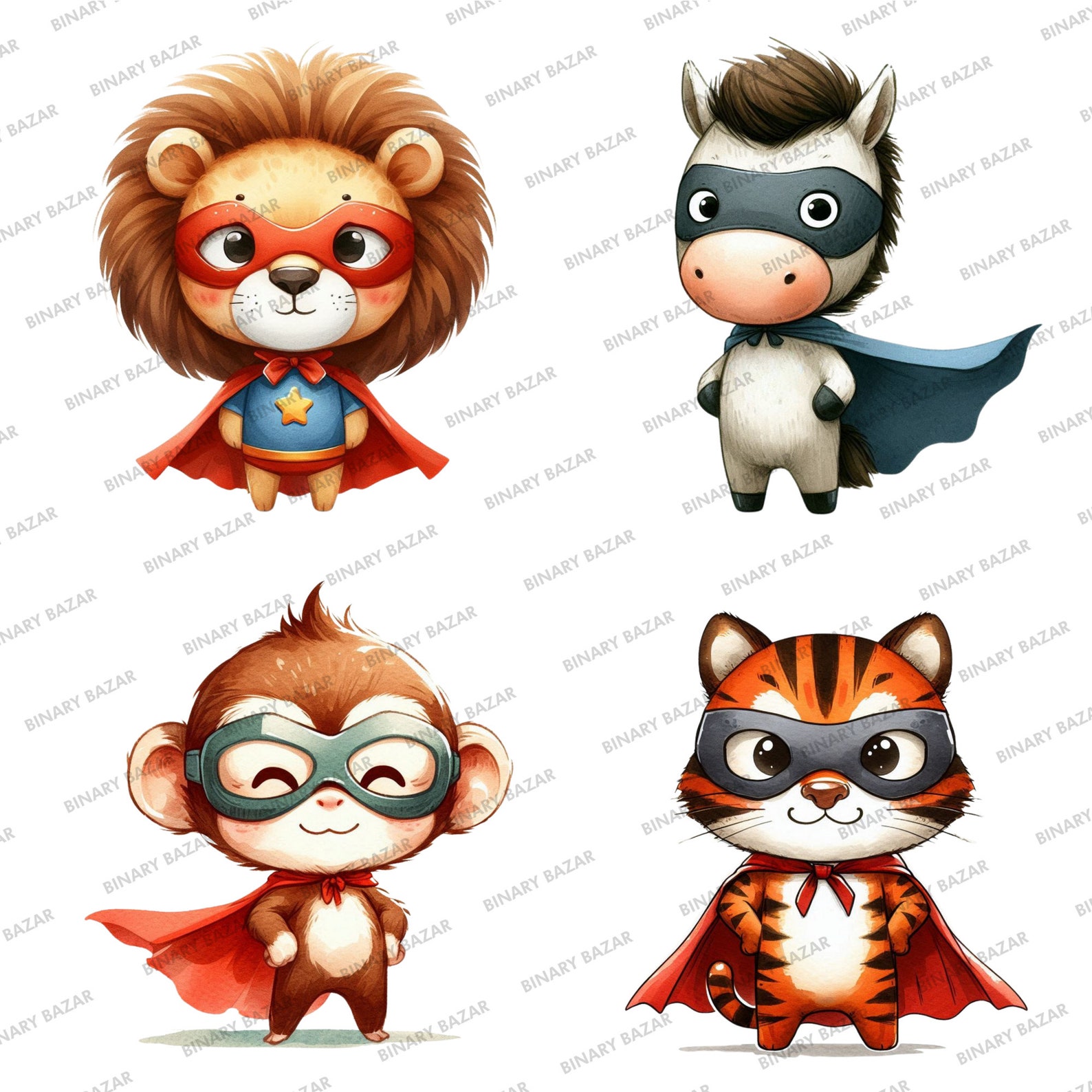 Superhero Baby Animals Clipart: Watercolor Safari PNG Bundle (digital ...