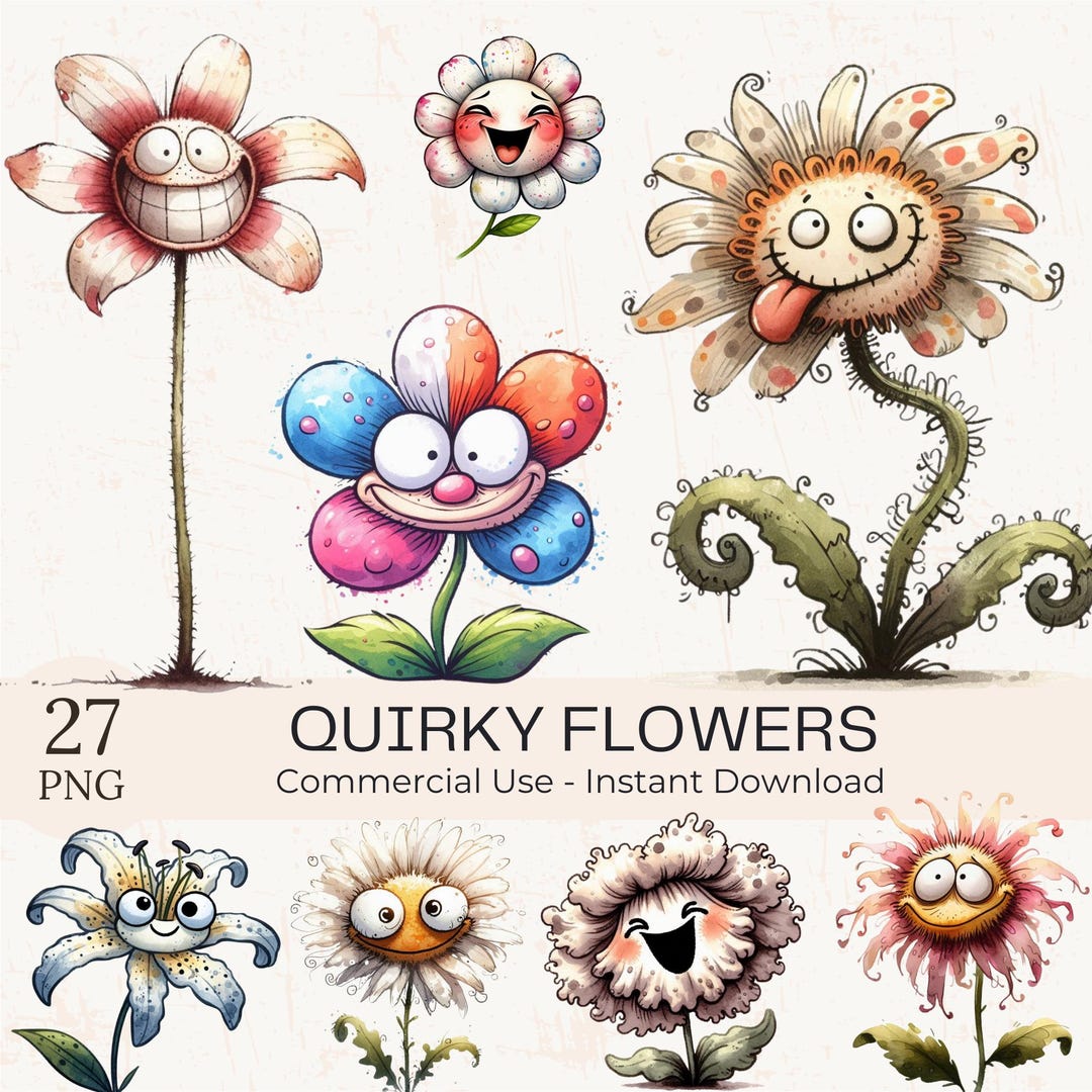 27 Quirky Flowers Clipart: Watercolor Funny Wild Floral PNG & JPG ...