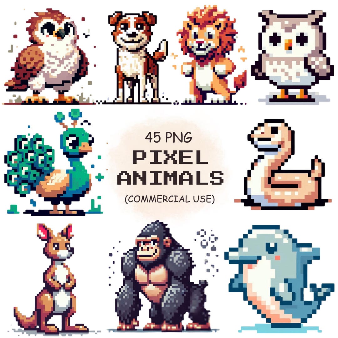 45 Pixel Art Animals Clipart PNG Bundle - Pixelated Transparent Animal ...
