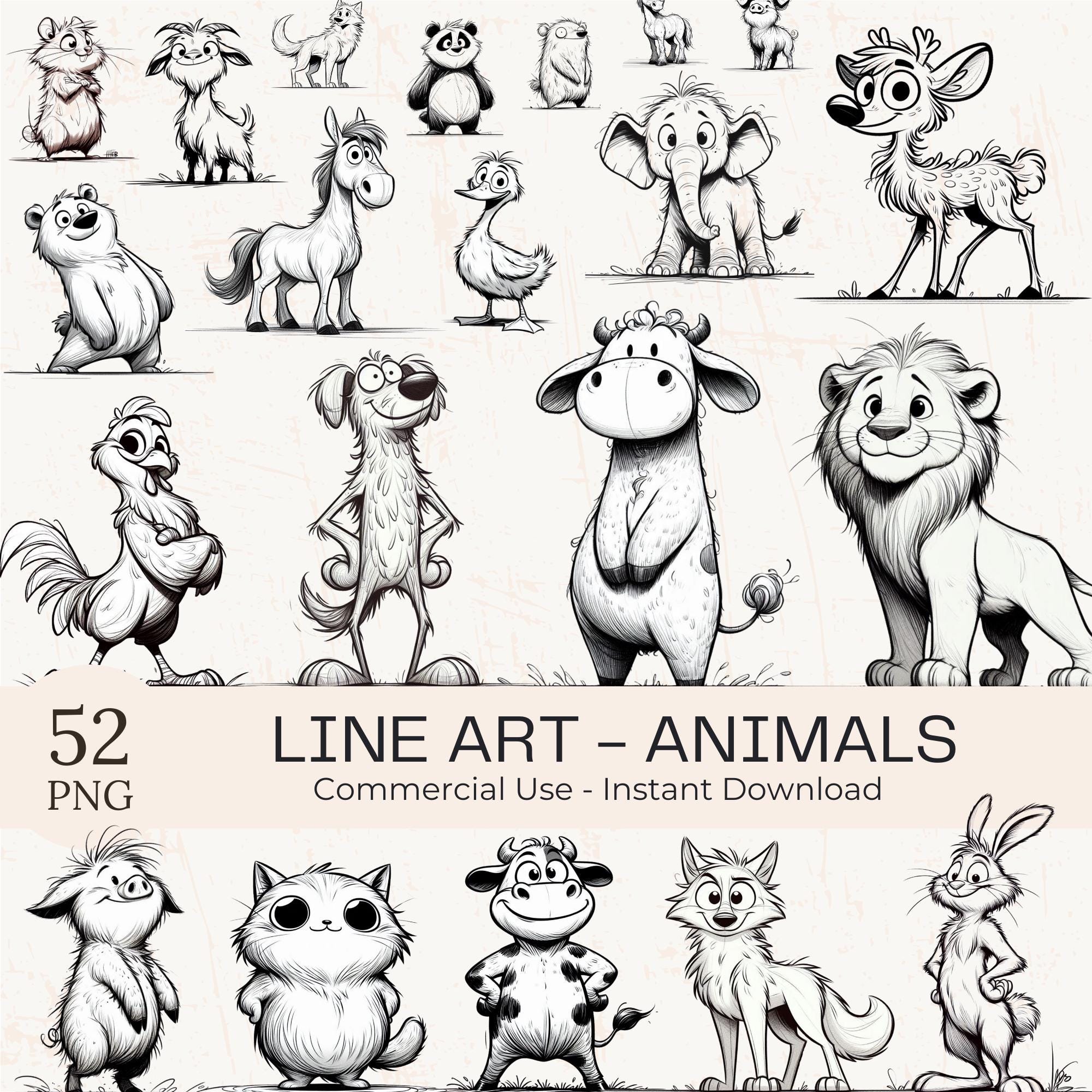 52 Animal Line Art Clipart PNG Bundle: Black & White Outline Drawing ...