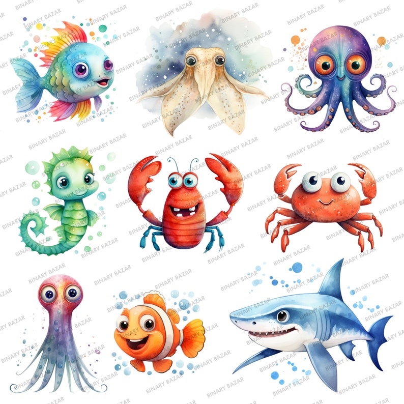 Cute Sea Life World & Ocean Animals and Fish Clipart PNG Bundle 30 ...