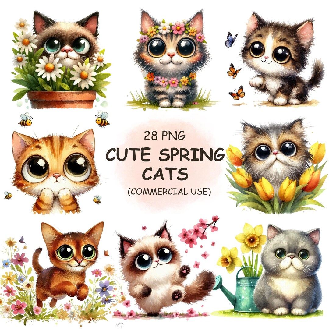 Cute Spring Cats Clipart PNG Bundle – Watercolor Quirky Floral Cats ...
