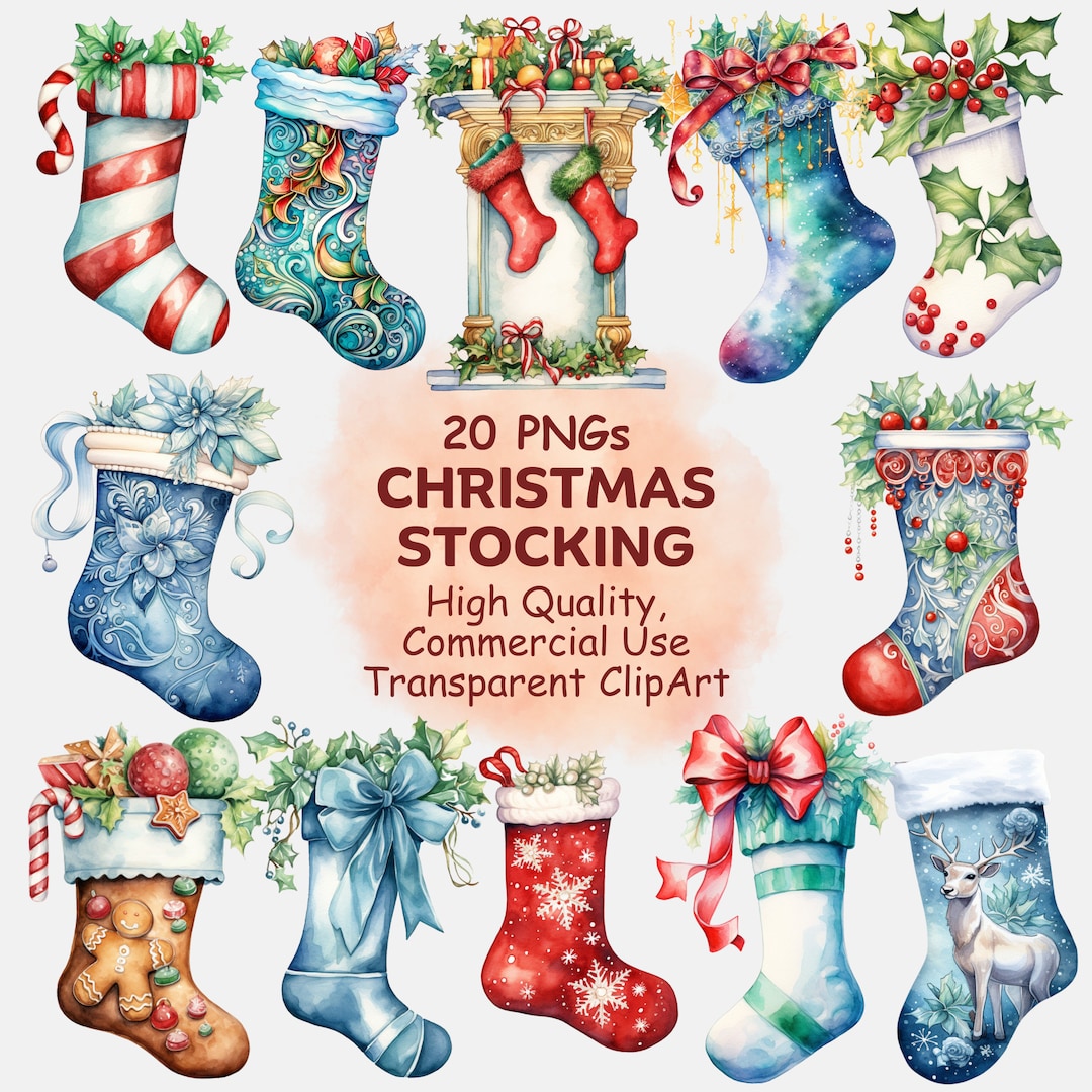 Watercolor Christmas Stocking Clipart: 20 PNG Images (digital Download ...