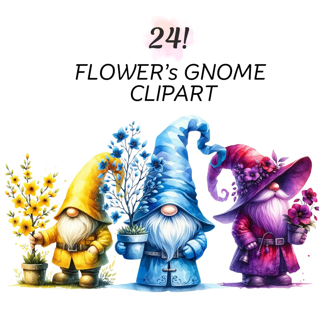 24 Garden Gnome Clipart PNG Bundle - Watercolor Spring Flower Gnome ...