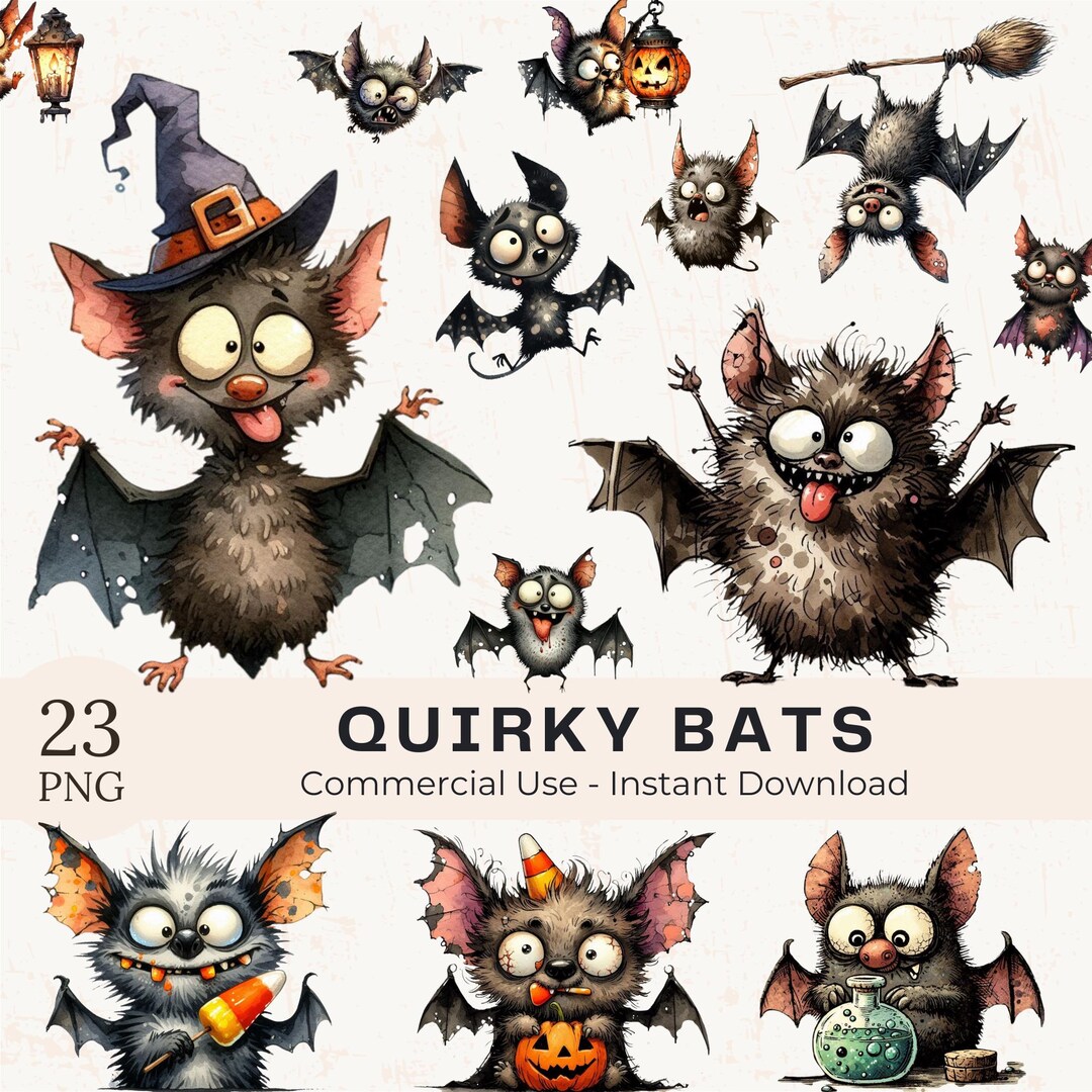 Spooky Quirky Halloween Bats Clipart PNG: Watercolor Funny Animals ...
