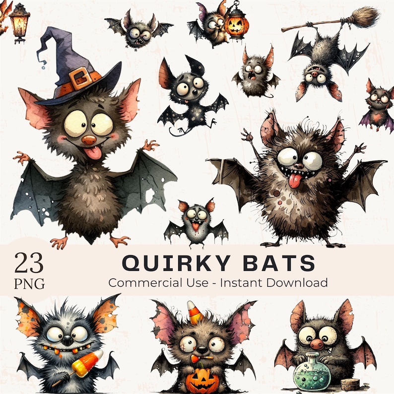 23 Quirky Bats Clipart PNG: Watercolor Halloween Funny Animals ...