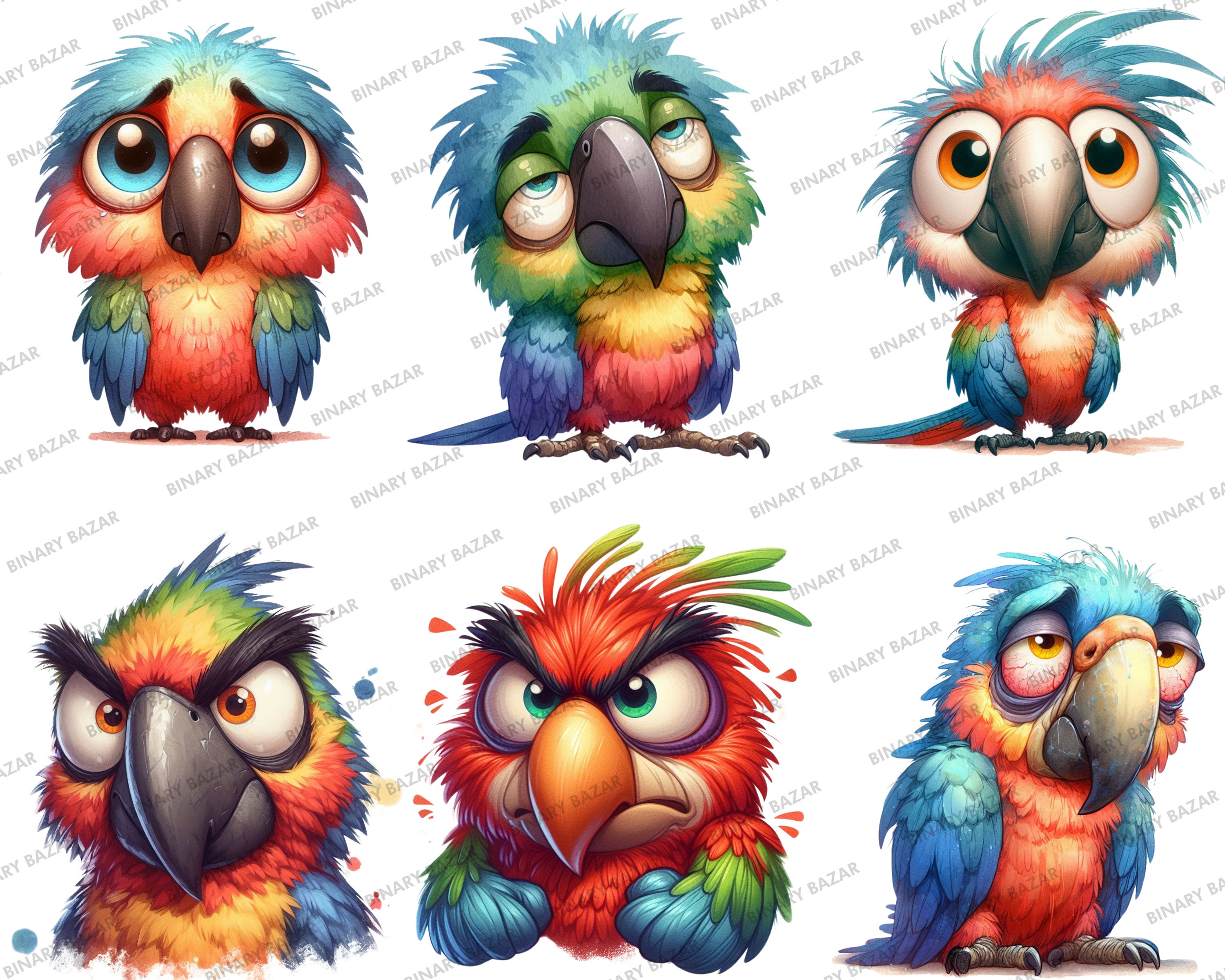 Cute and Funny Macaw Parrot Clipart PNG & JPG Bundle 32 Watercolor ...