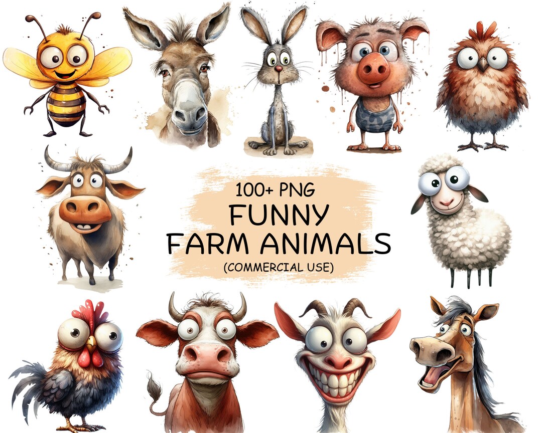 Funny Farm Animals Clipart Bundle: Watercolor PNG Images (instant ...