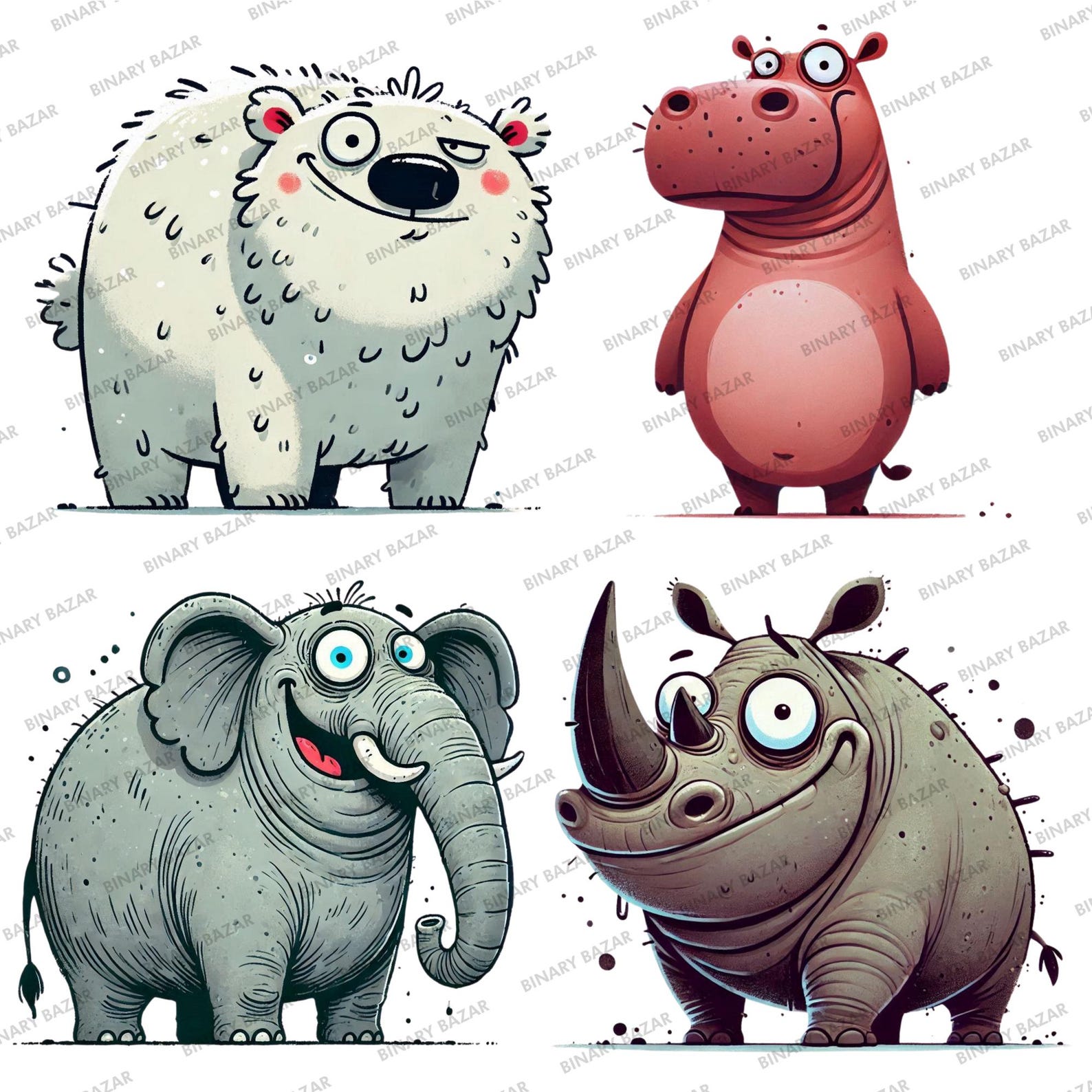 Quirky Zoo Animals Clipart PNG Bundle: Funny Animal Art (digital ...