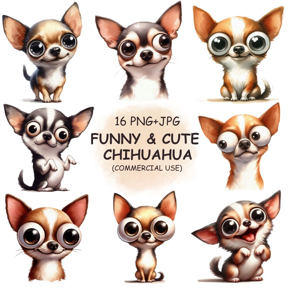 Funny and Cute Chihuahua Dog Clipart PNG Bundle 16 Watercolor Quirky ...