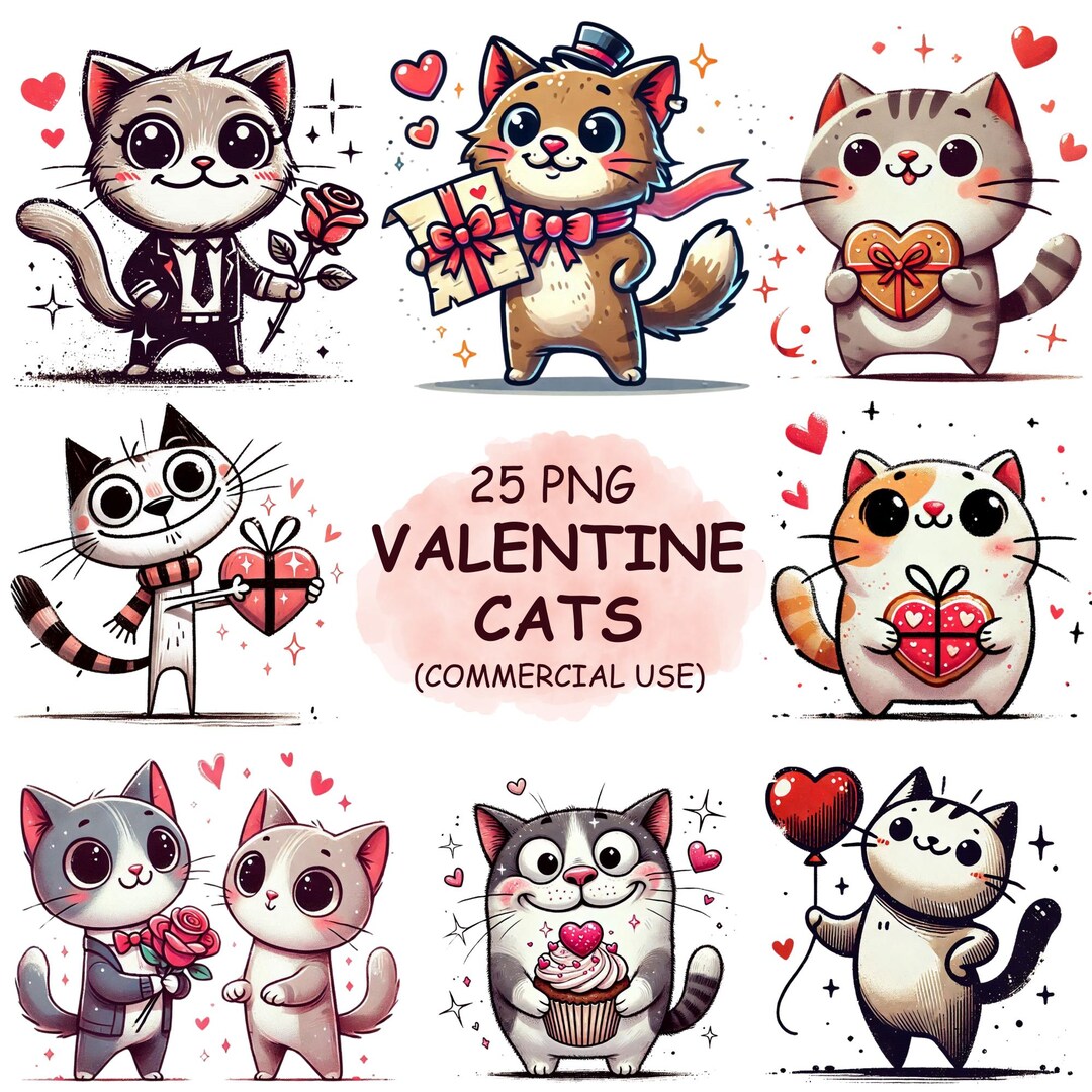 25 Valentine Love Cats Clipart PNG Bundle - Watercolor Valentine's Day ...