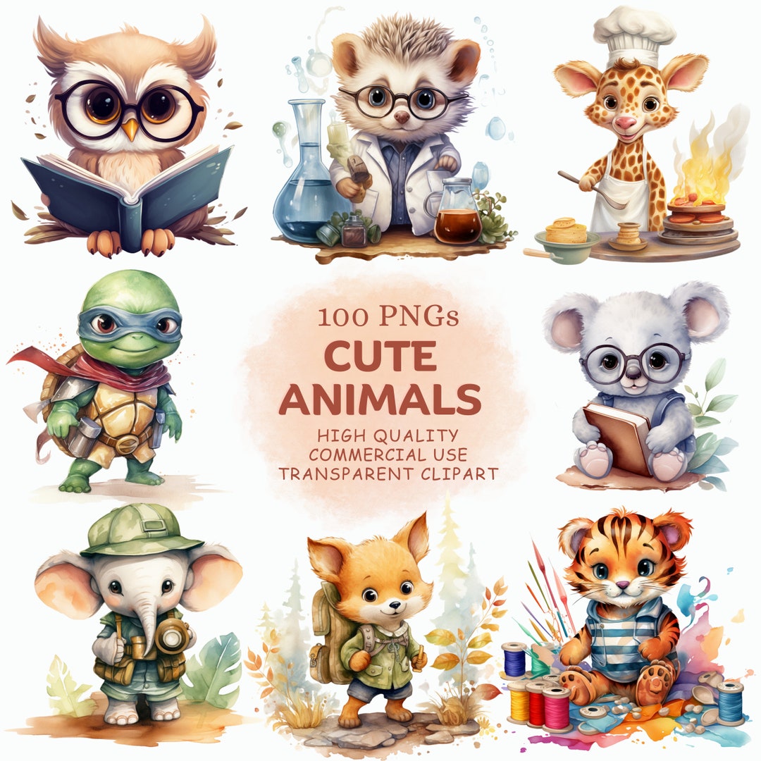 100 Watercolor Cute Baby Animals Clipart PNG Bundle- Safari Woodland ...
