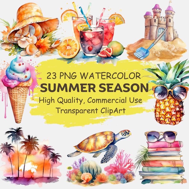 23 Summer Season Watercolor PNG Clipart Pack Bundle, Sunshine, Beach ...