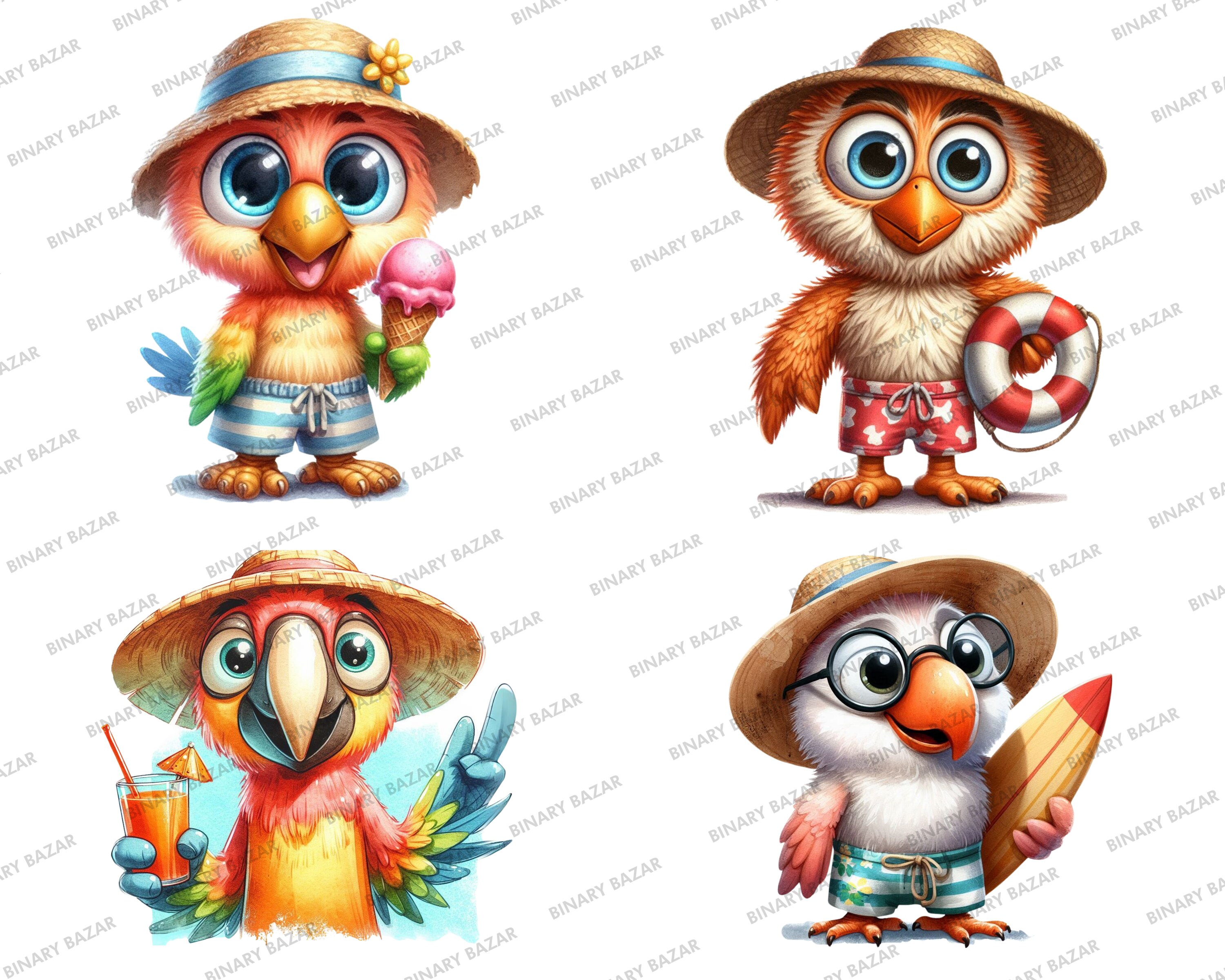 Cute and Funny Summer Season Parrots Clipart PNG & JPG Bundle 34 ...