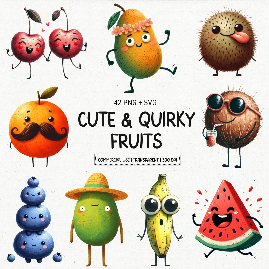 42 Cute Quirky Fruits Clipart PNG Bundle - Funny Fruits Cartoon ...