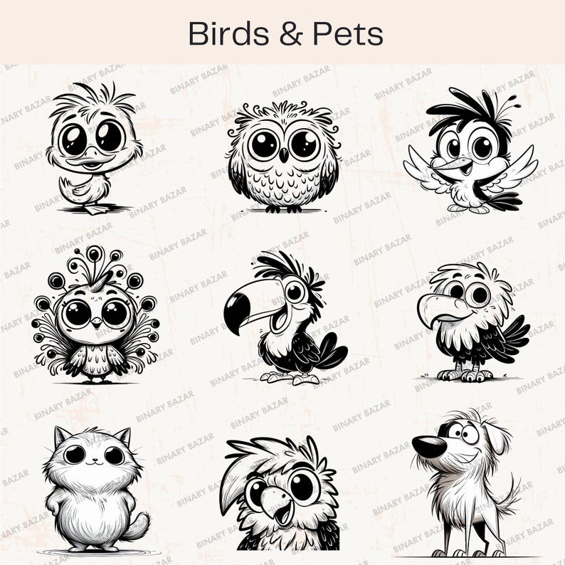 160+ Animal Doodles Clipart Bundle — Black & White Drawing Outline Line ...