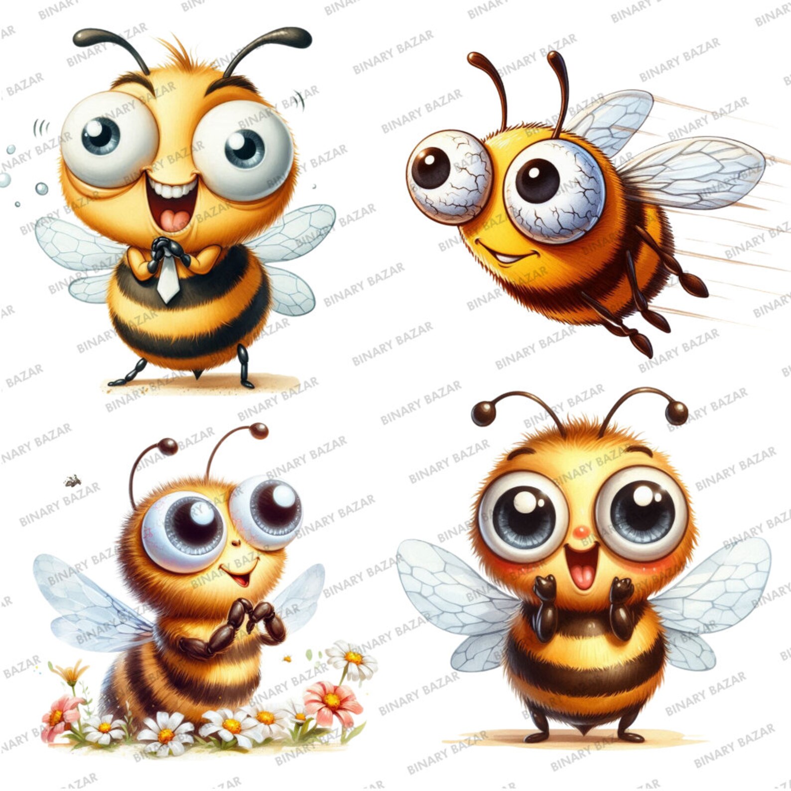 Funny and Cute Honey Bee Clipart JPGPNG Bundle 20 Watercolor Quirky Bee ...