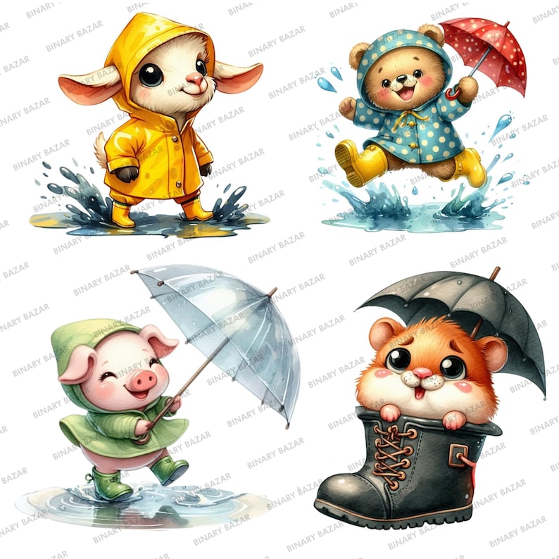 Watercolor Rainy Day Animals PNG Clipart: Funny Illustrations (digital ...