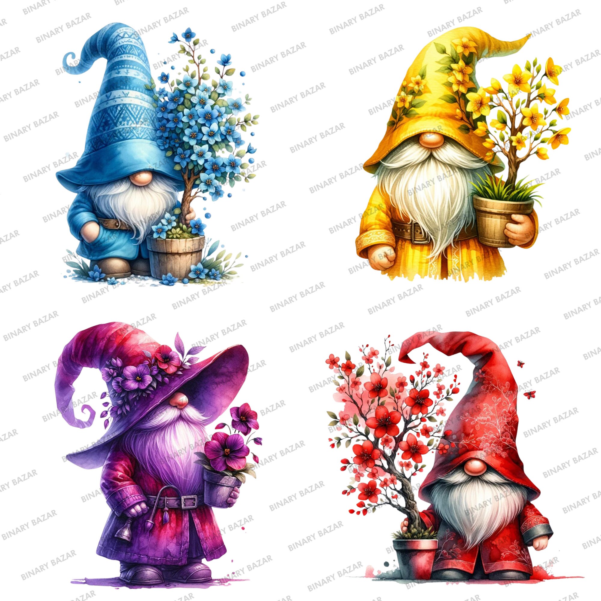 24 Garden Gnome Clipart PNG Bundle Watercolor Spring Flower Gnome Clip ...