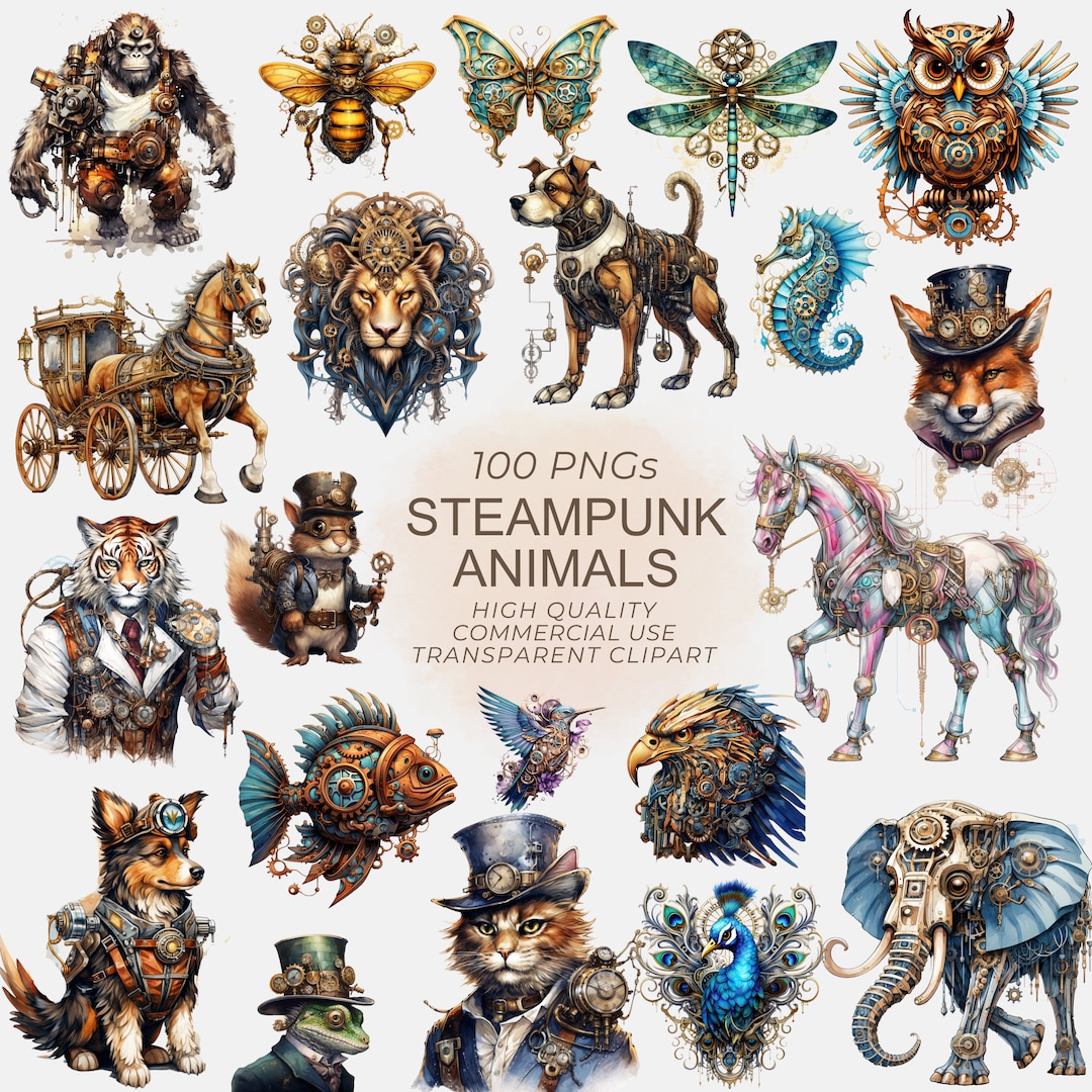 100 Steampunk Animals Watercolor Clipart Bundle (PNG Digital Download ...