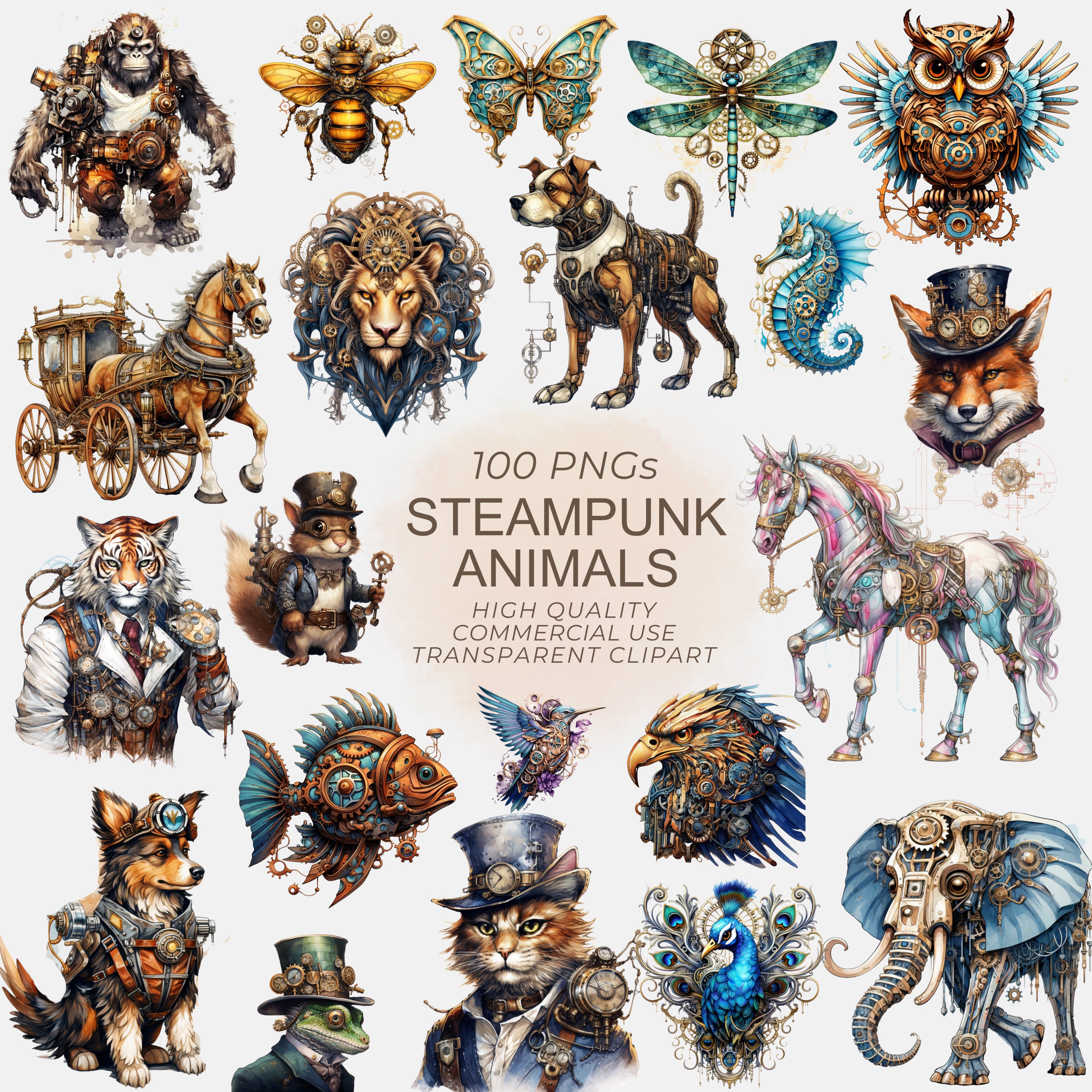 100 Steampunk Animals PNG Clipart Bundle Watercolor Fantasy Animals ...