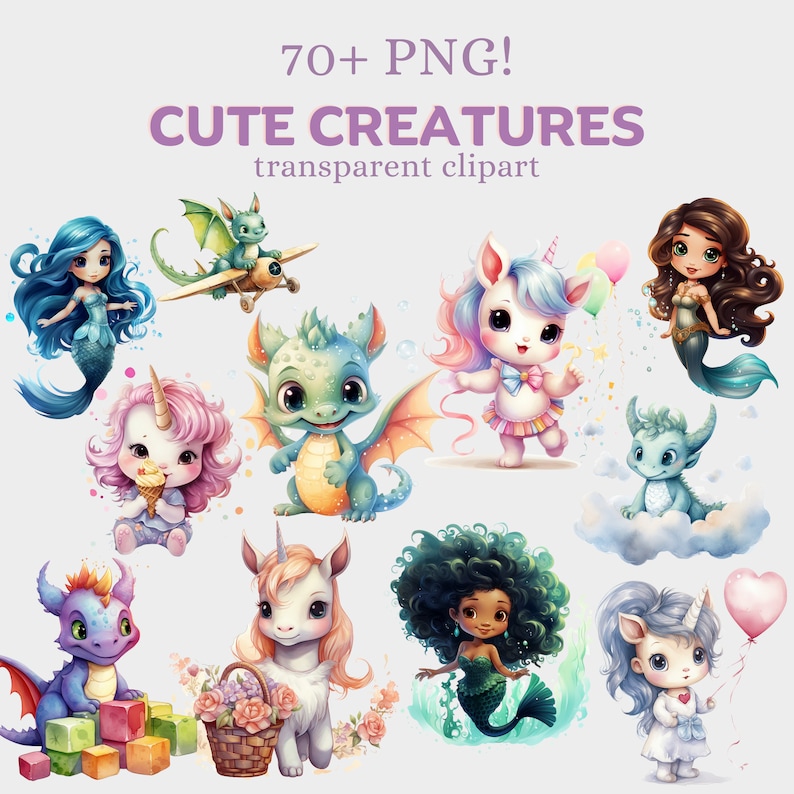 Cute Baby Mythical Creatures Clipart PNG Bundle Watercolor Fantasy ...